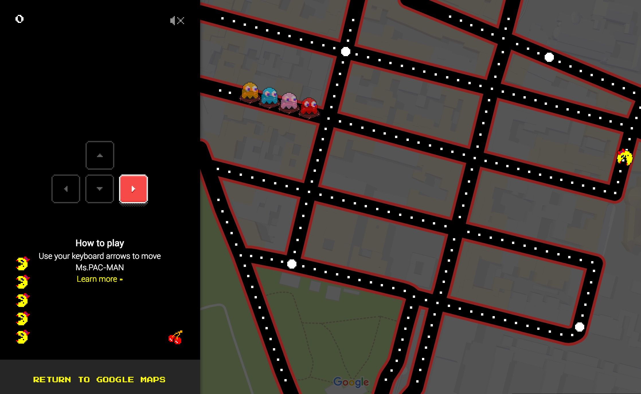 Google Maps is a Ms. Pac-Man arcade game for April Fools' Day